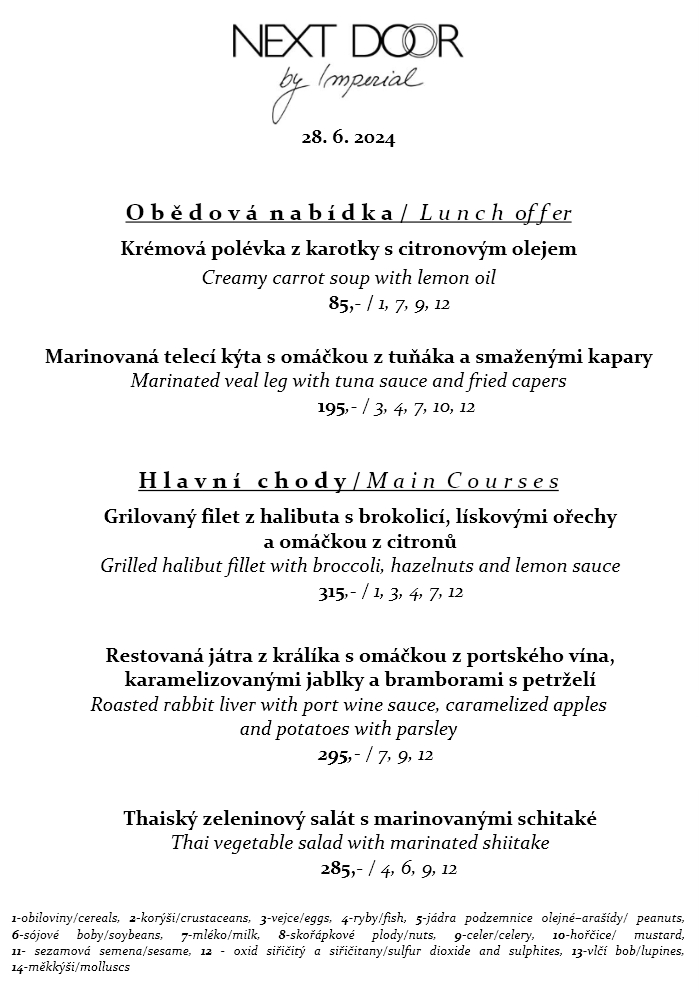 Daily menu – Next Door by Imperial